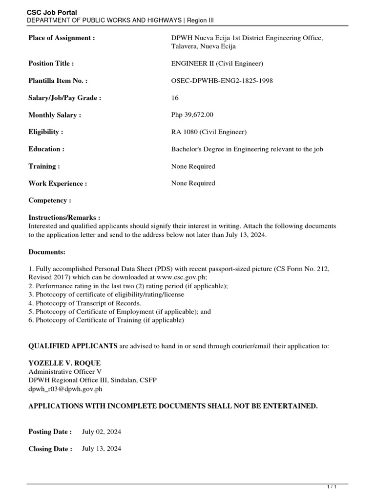 Department of Public Works and Highways-Engineer II Civil Engineer | PDF