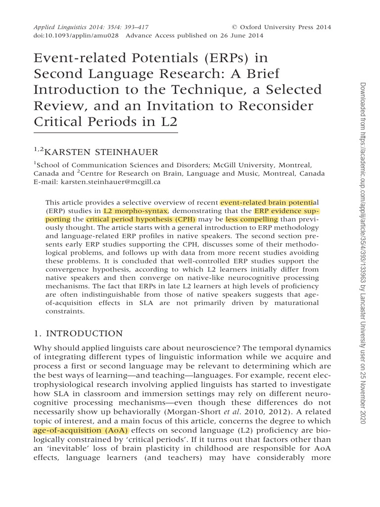 Steinhauer Review ERPs and CPH | PDF | Second Language | Second Language Acquisition