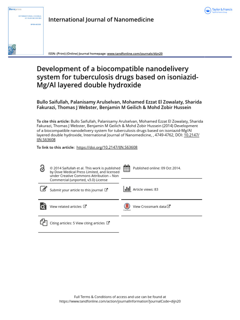 Development of A Biocompatible Nanodelivery System For Tuberculosis Drugs Based On Isoniazid-Mg ...