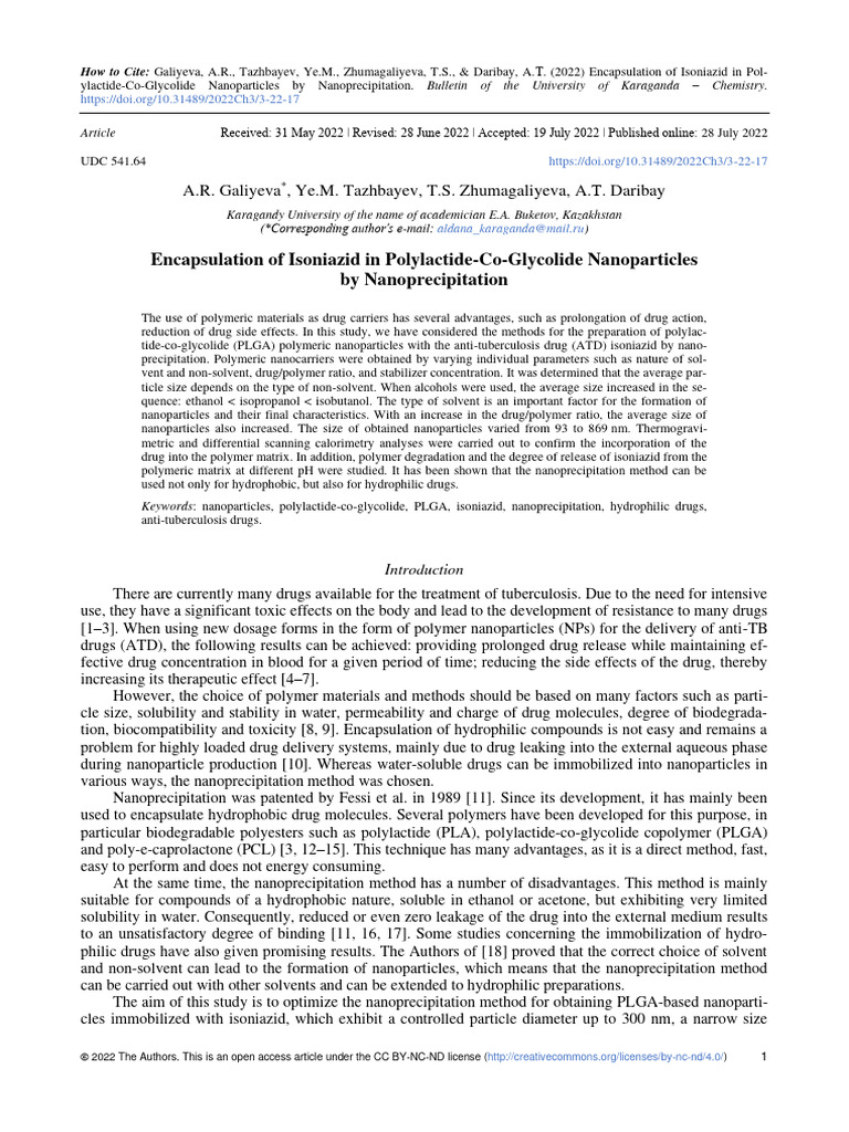 Encapsulation of Isoniazid in Polylactide-Co-Glycolide Nanoparticles | PDF | Nanoparticle ...