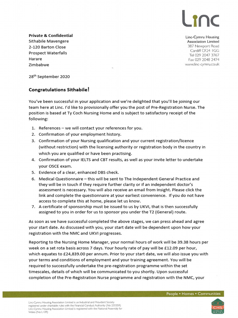 Sithabile Mavengere - Conditional Offer Letter | PDF | Nursing | Labour Law