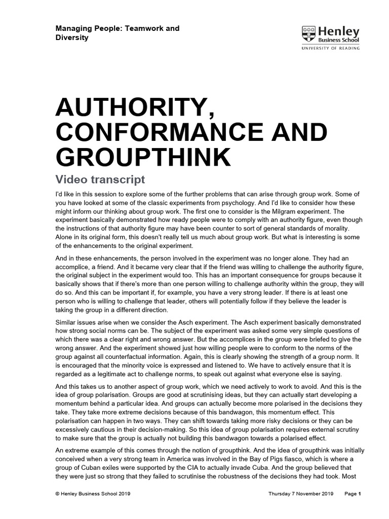 Authority Conformance and Groupthink | PDF | Social Psychology ...