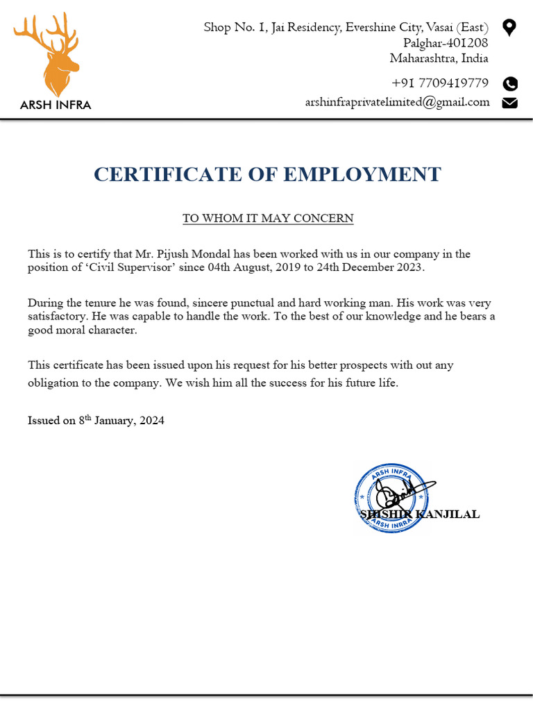 Certificate of Employement - Pijush Mondal | PDF