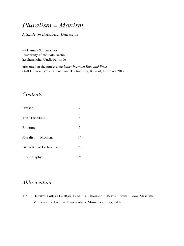 Pluralism Monism A Study On Deleuzian Di | PDF | Gilles Deleuze | Monism