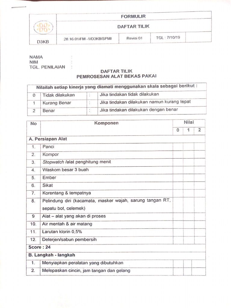 Daftar Tilik Pemrosesan Alat | PDF