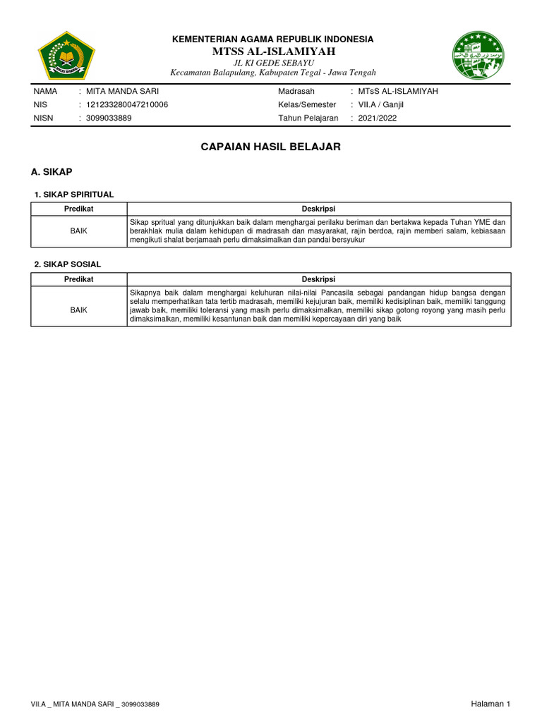 Rapor VII.A - MITA MANDA SARI - 3099033889 | PDF