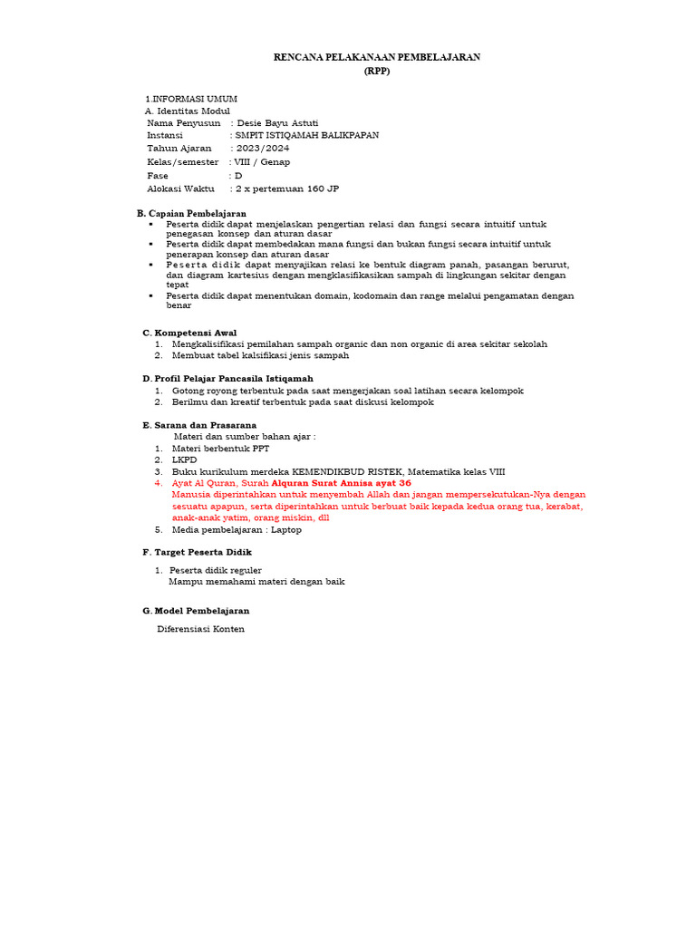 MODUL AJAR MATH RELASI DAN FUNGSI | PDF