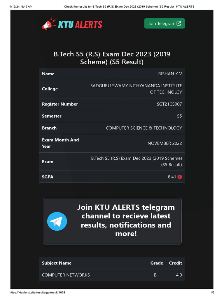Check The Results For B.tech S5 (R, S) Exam Dec 2023 (2019 Scheme) (S5 Result) - KTU ALERTS ...