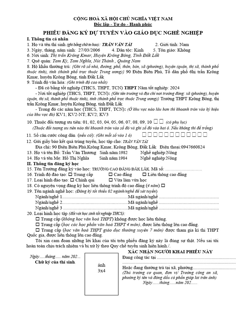 Phieu Tuyen Sinh 2024 | PDF