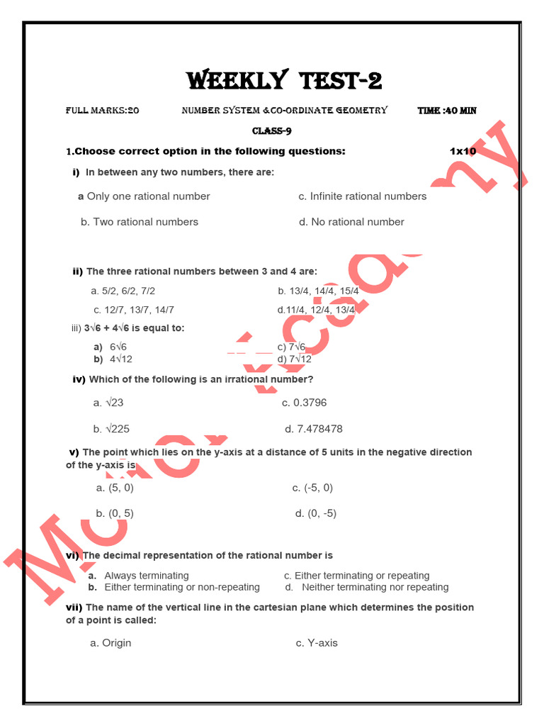 Weekly Test-2 | PDF | Cartesian Coordinate System | Rational Number