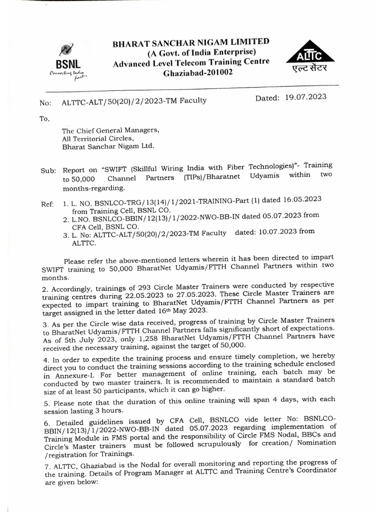 SWIFT Letter To All Circles ALTTC Dated 190723-Revised | PDF