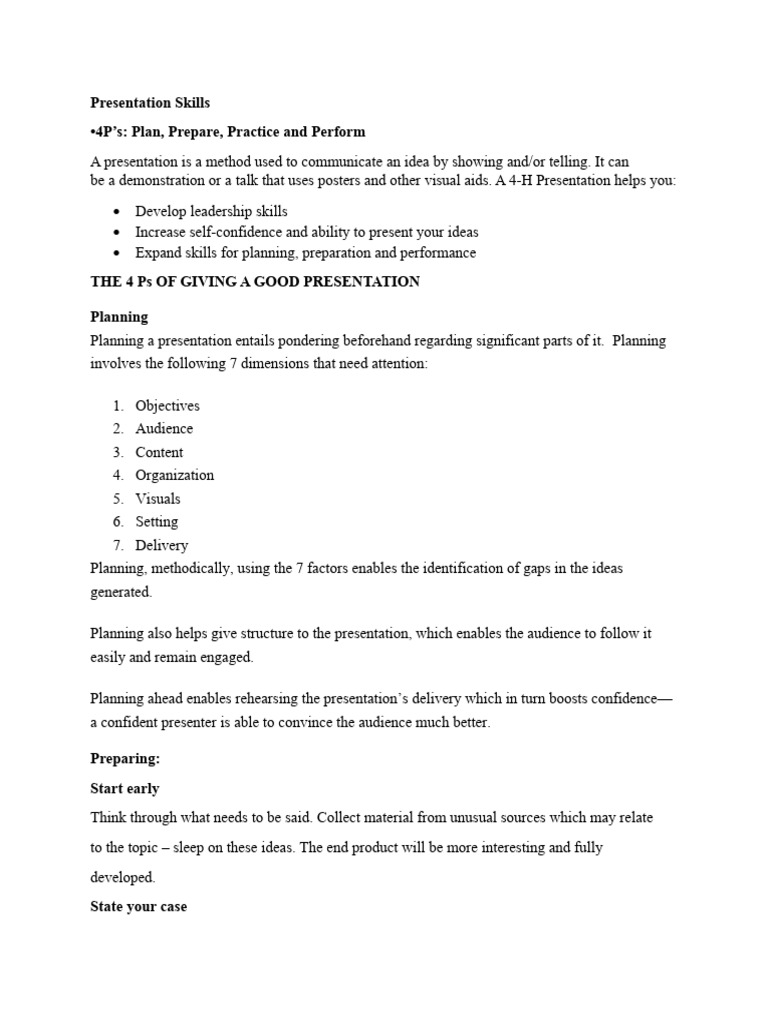 Presentation Skills - 4P's: Plan, Prepare, Practice and Perform | PDF ...