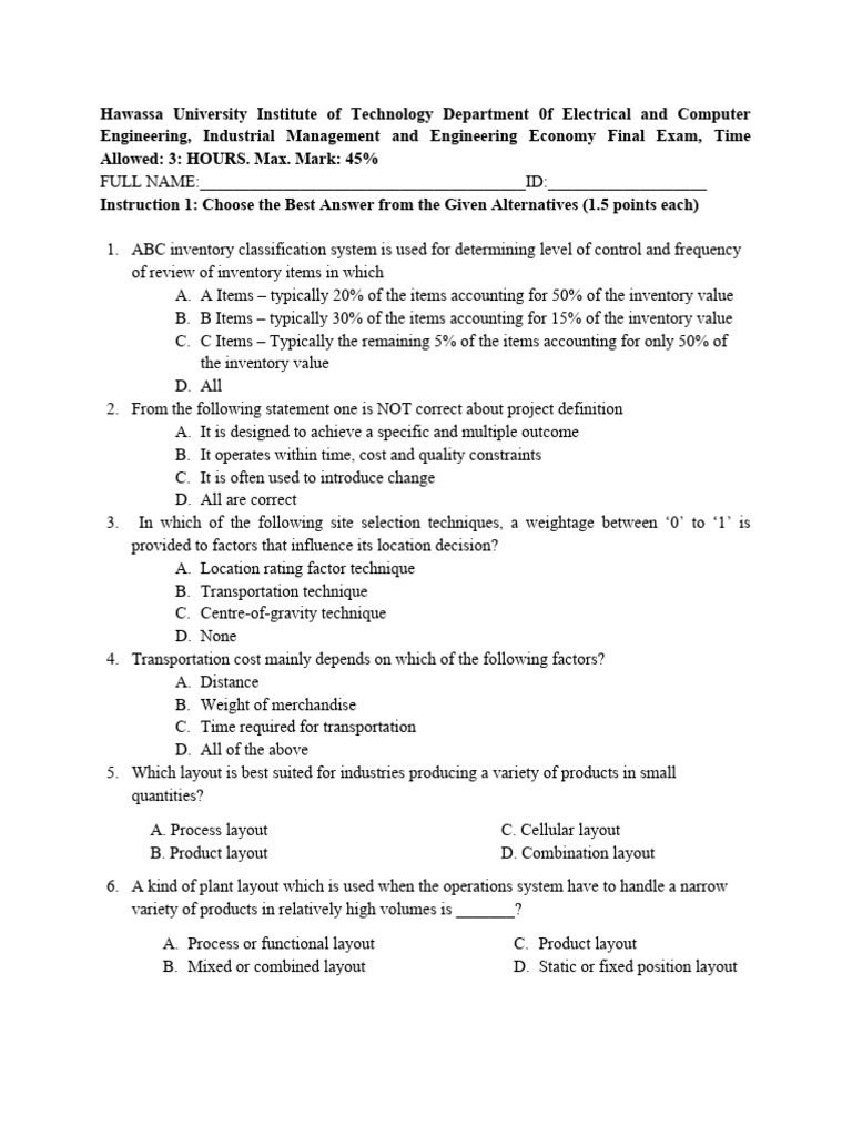 Final Exam Engineering Economics | PDF | Inventory | Engineering