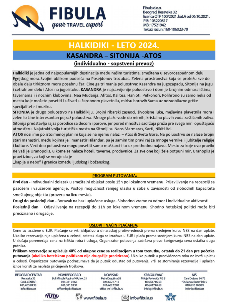 Halkidiki Program Putovanja Sopstvenim Prevozom | PDF