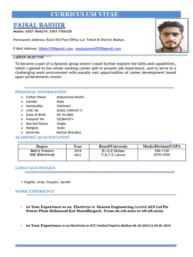 Faisal Bashir CV (Electrical Technician) | PDF