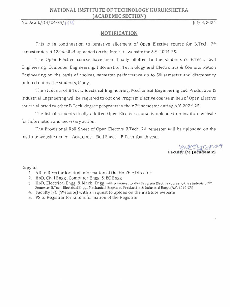 Notification and Final Allotment of Open Elective For B.Tech - 7th ... Notification and Final Allotment of Open Elective For B.Tech - 7th ...