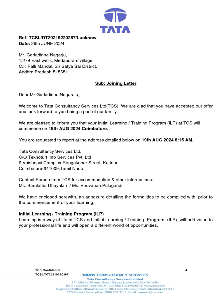 GARLQDINNE NAGARAJU TCS - Joining-Letter | PDF