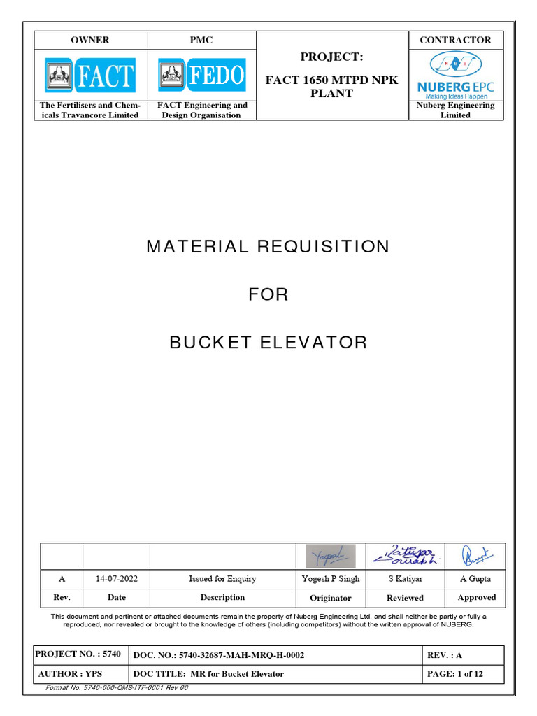 5740 32687 MAH MRQ BM 0002 MR For Bucket Elevator | PDF | Specification (Technical Standard) | Gear