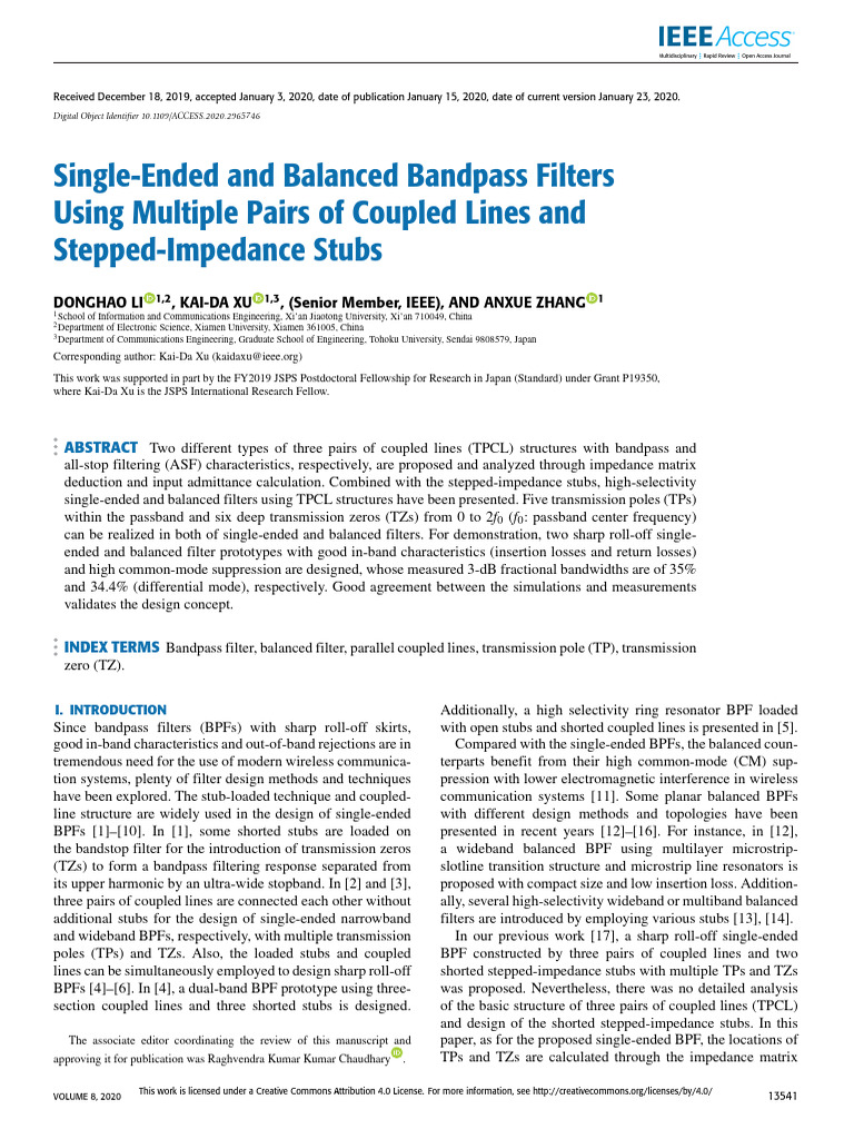 Single-Ended and Balanced Bandpass Filters Using Multiple Pairs of ...