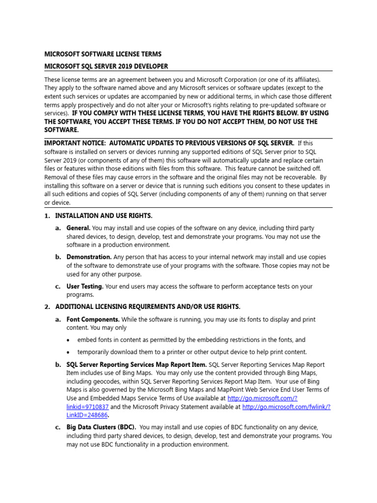 Microsoft SQL Server 2019 License Terms | PDF | Software | Legal Liability