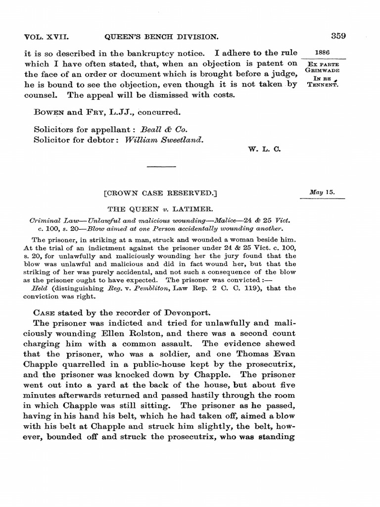 R v Latimer: Transferred Malice Case | PDF | Intention (Criminal Law ...