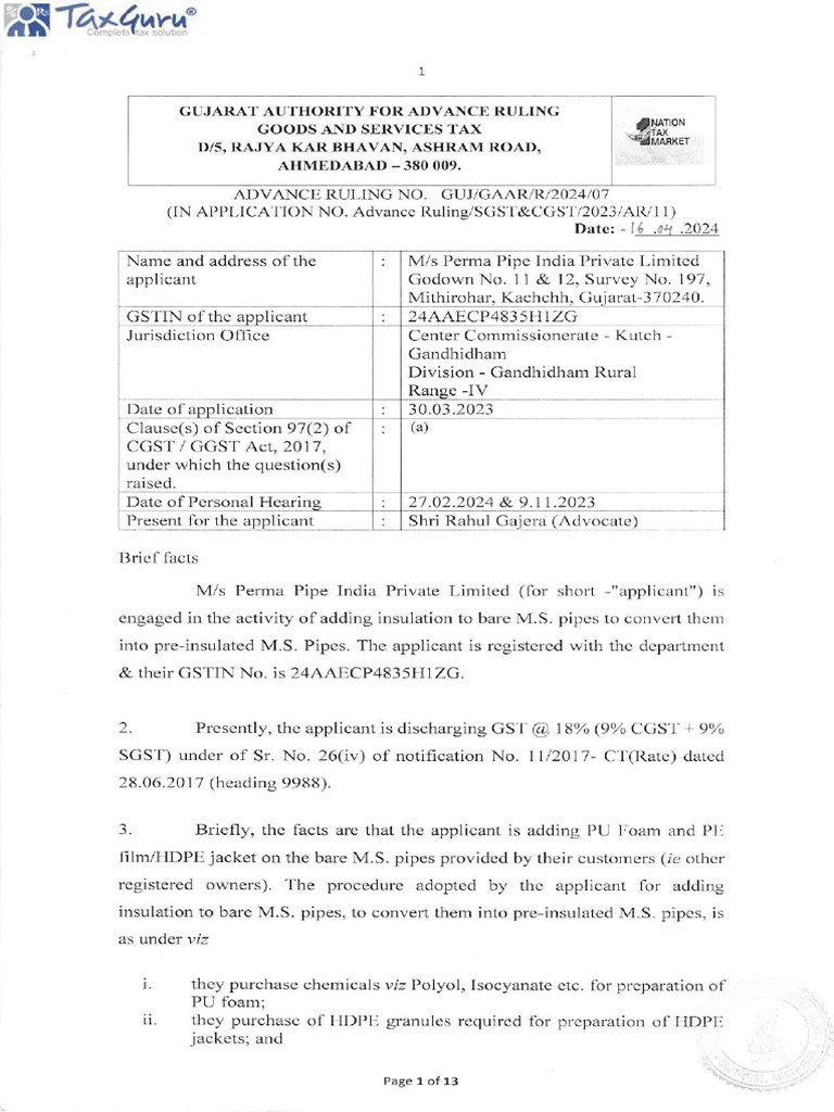 GST Advance Ruling for Perma Pipe India | PDF | Trade