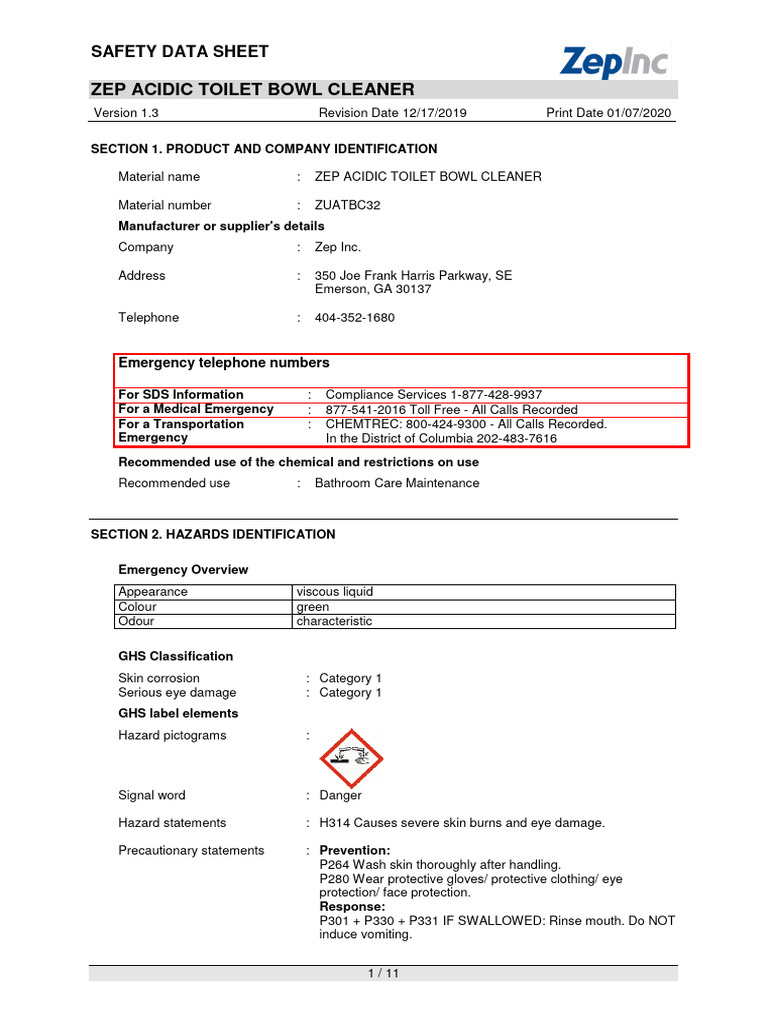 Zep Acidic Toilet Cleaner SDS | PDF | Toxicity | Occupational Safety And Health