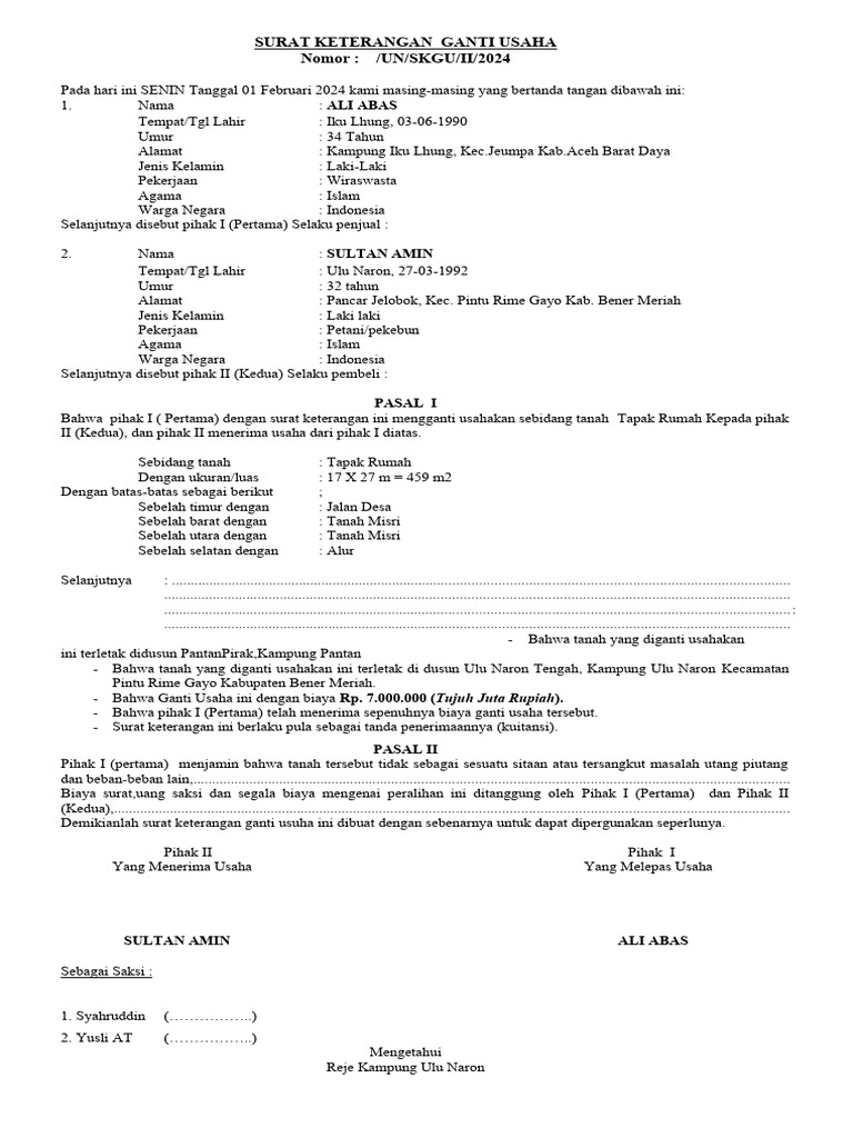 Surat Keteranganganti Usaha | PDF