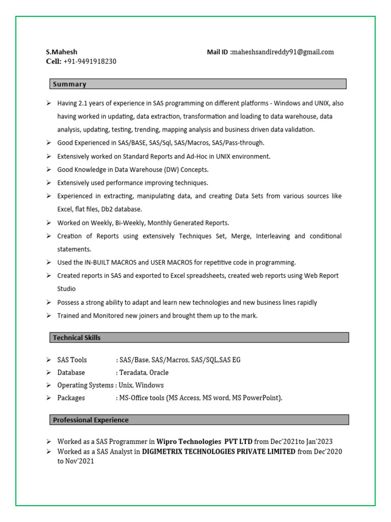 S Mahesh Resume@ | PDF | Sas (Software) | Computer Programming