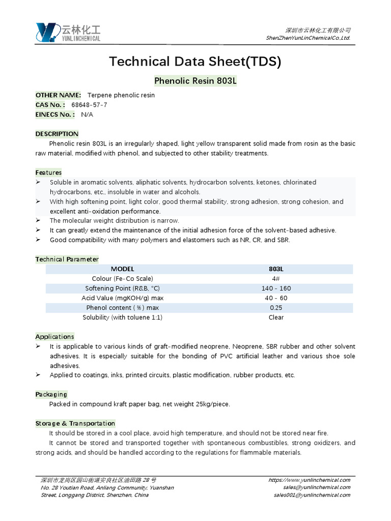 TDS - EN - Phenolic Resin 803L | PDF | Solvent | Resin