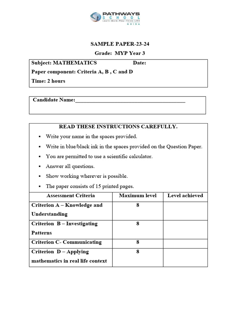 MYP3 Math Sample Paper 23-24 | PDF | Mathematics | Area