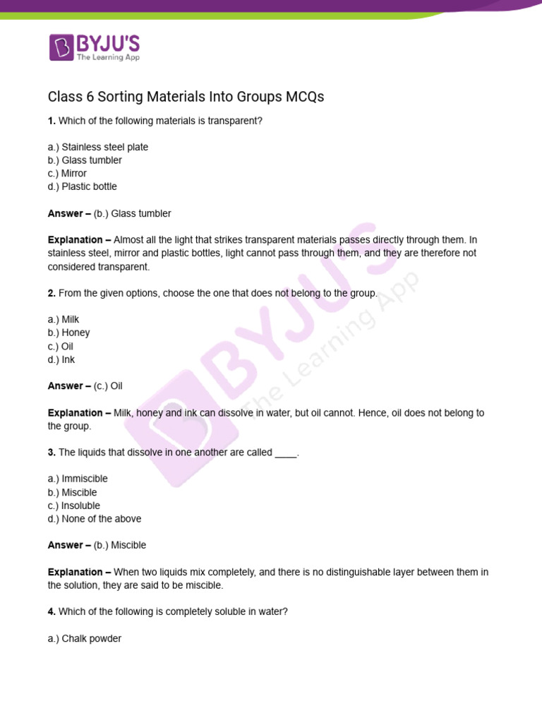 Chemistry MCQ Class 6 Chapter 4 Sorting Materials Into Groups | PDF | Glasses | Solubility