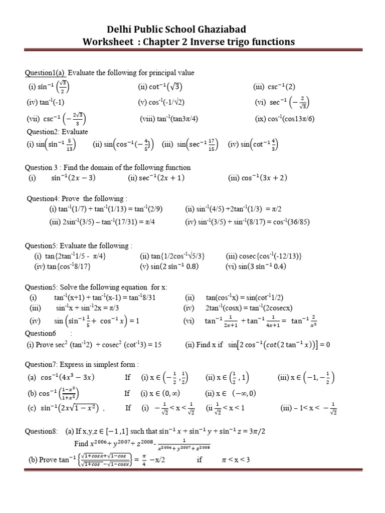 Worksheet CH 2 Inverse Trigo Functions | PDF | Trigonometric Functions | Mathematical Analysis
