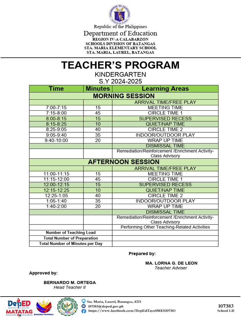 Kindergarten Class Program 2024-2025 | PDF