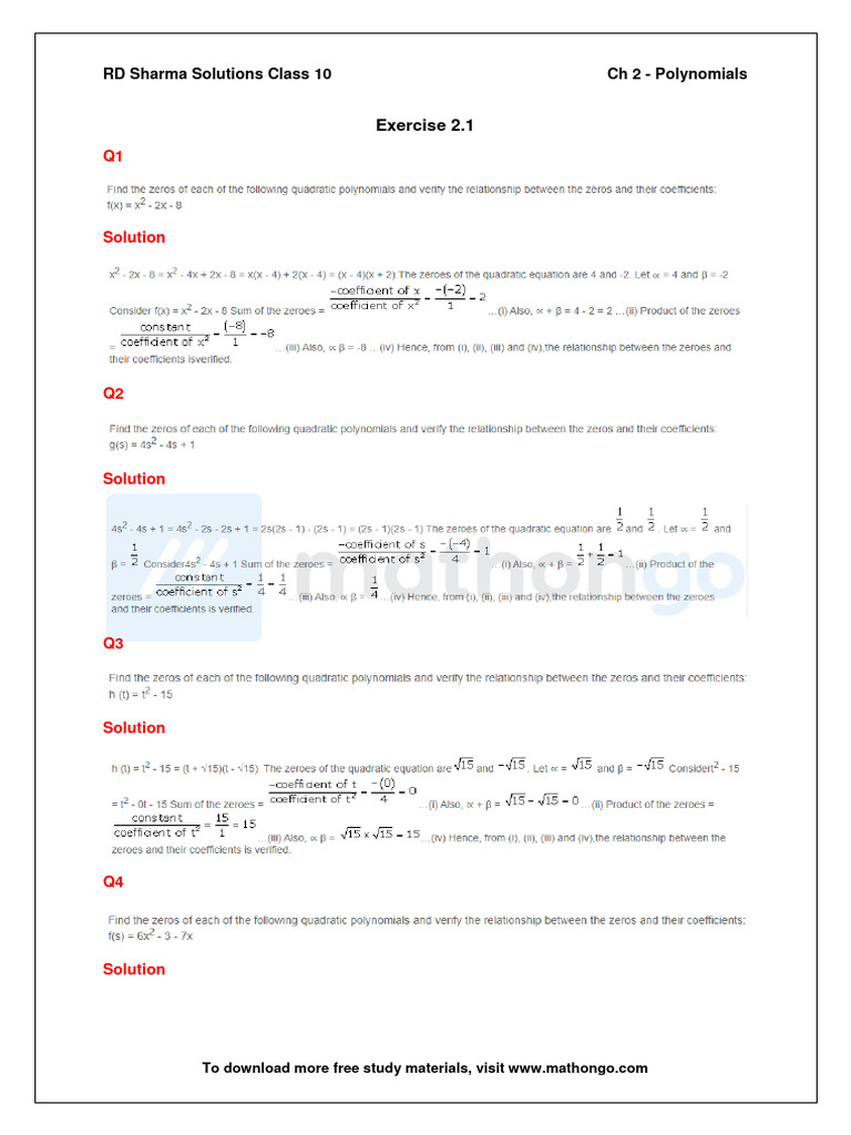 Exercise 2.1: RD Sharma Solutions Class 10 CH 2 - Polynomials | PDF