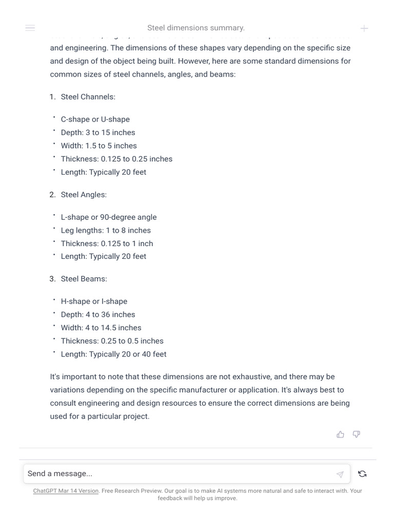 Steel Dimensions Summary. | PDF