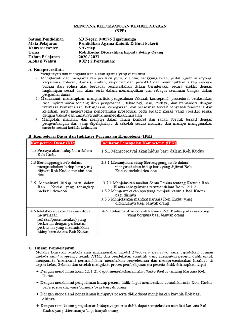 RPP. KD 3.5 Subtema B - Roh Kudus Dicurahkan Kepada Setiap Orang (KLS 5 Semester Genap) | PDF