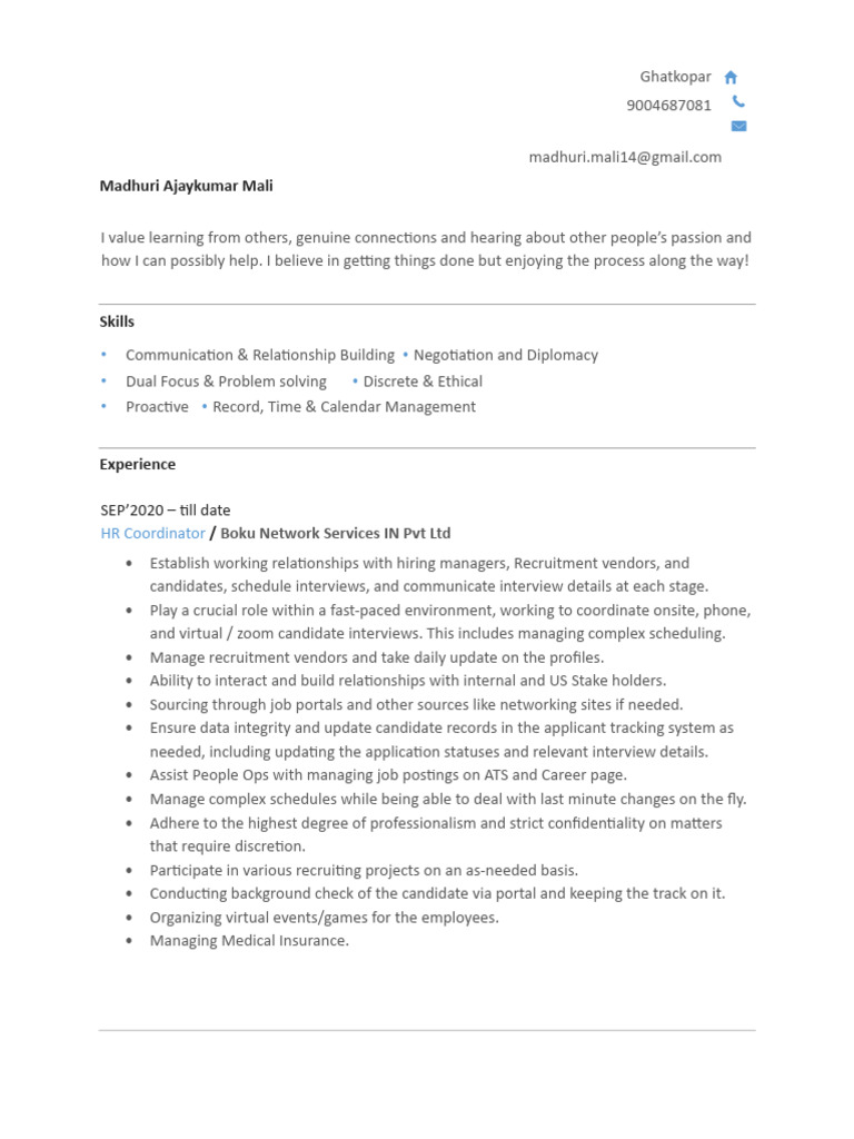 Madhuri Mali CV (1) | PDF | Human Resources | Recruitment