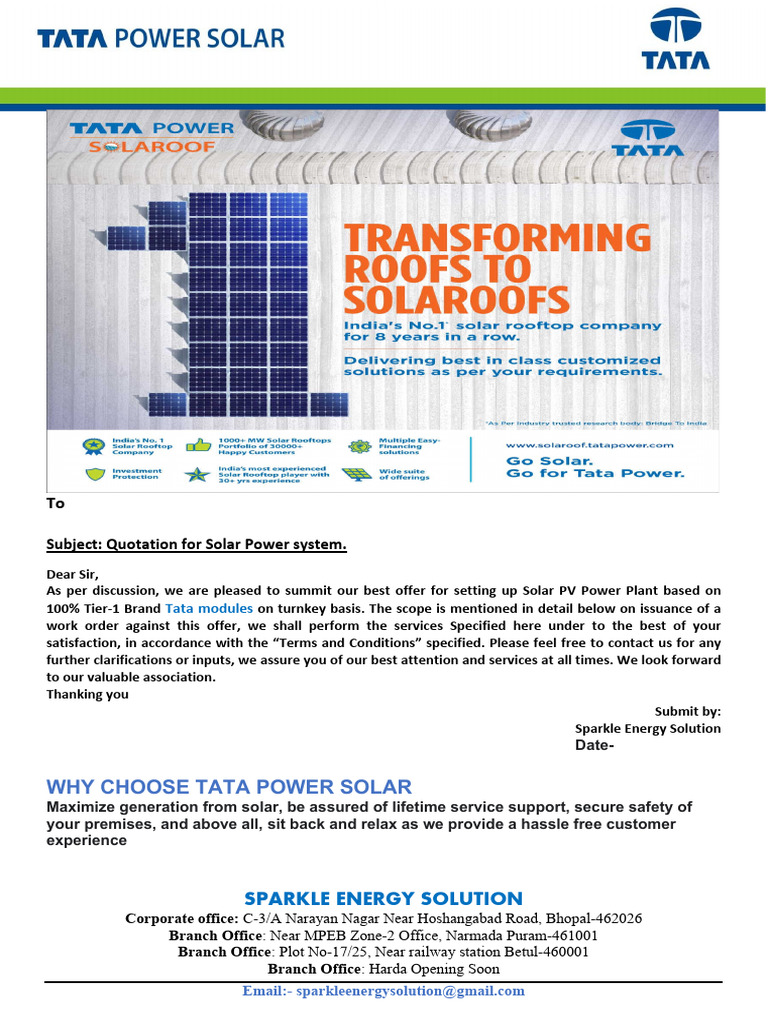 Tata Solar Panel Quotation Bhopal | PDF | Photovoltaic System | Solar Power