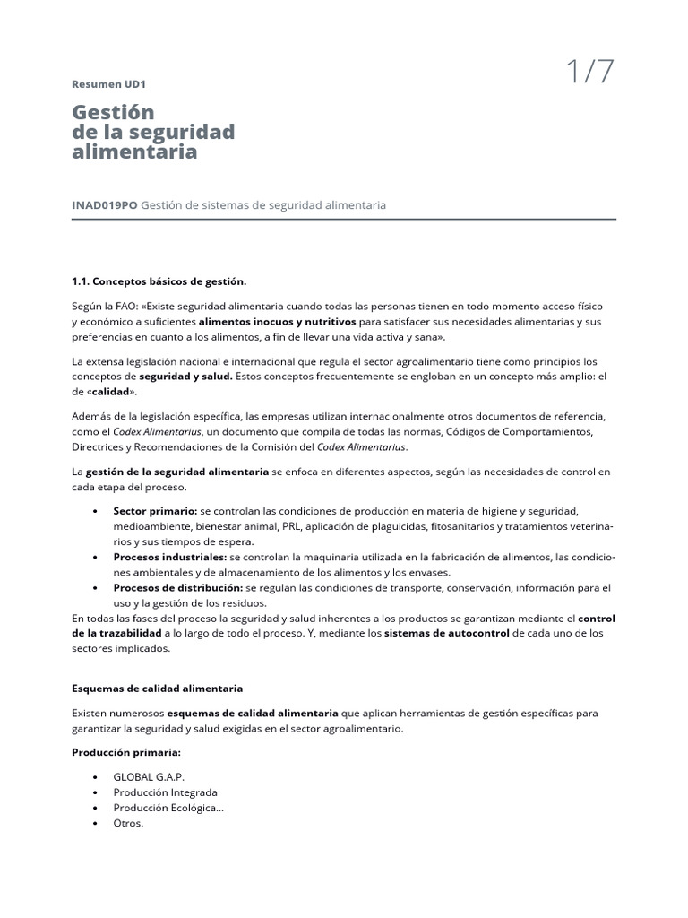 Resumen Gestion de La Seguridad Alimentaria Unidad 01 | PDF | Seguridad alimenticia | Análisis ...