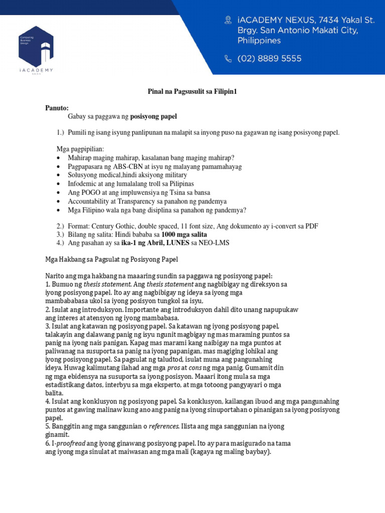 Pinal Na Pagsusulit Sa Filipin1 | PDF