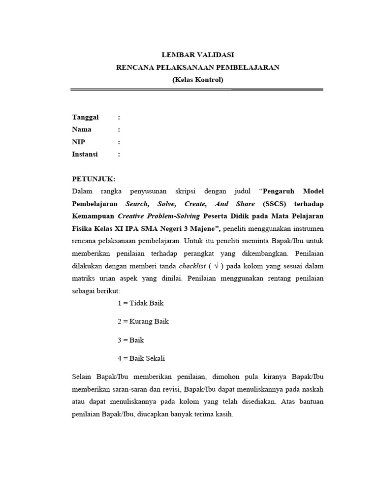 Lembar Validasi RPP Kelas Kontrol Eksa | PDF | Seni
