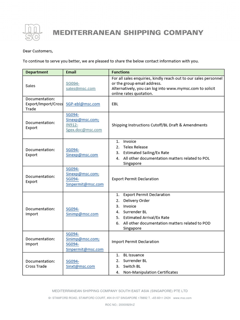 MSC Singapore Contact Information | PDF