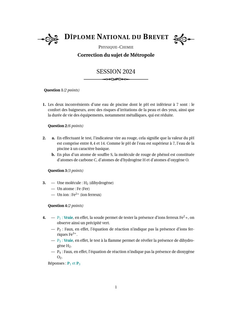 Correction Brevet de Science (1) Métropole 2024 | PDF | Fer | Ph