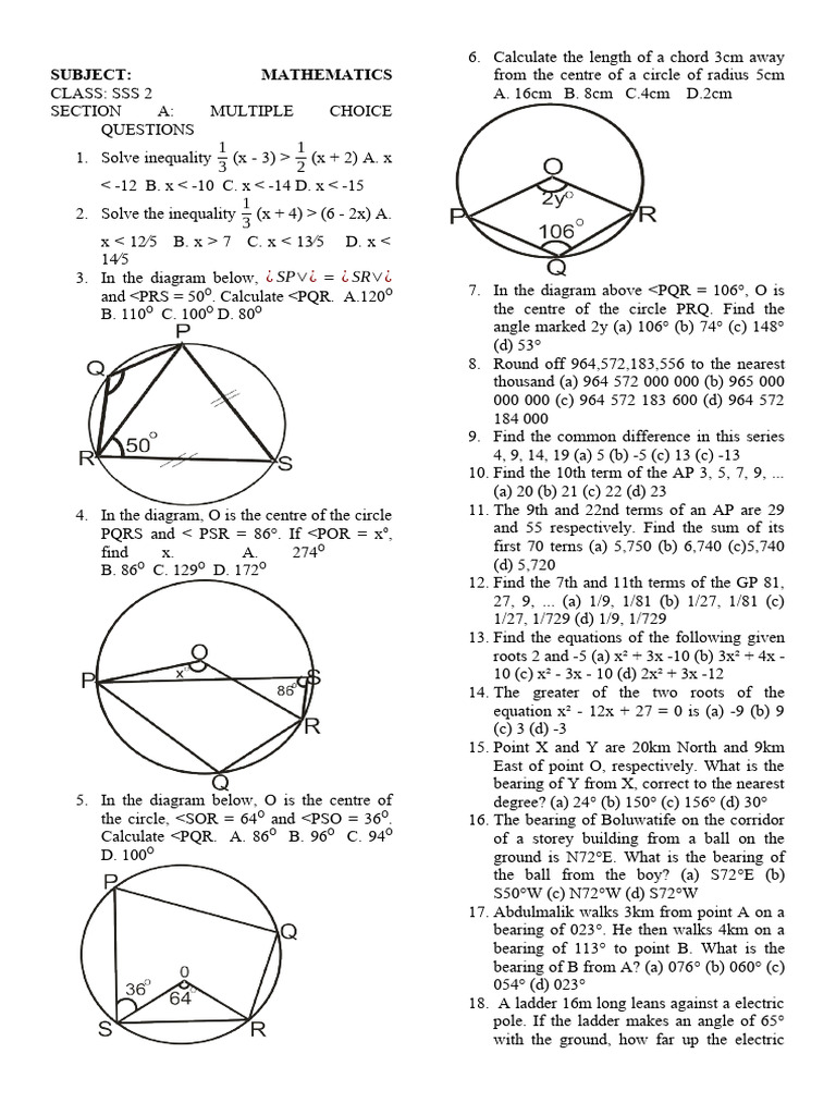 SS2 Mathematics 3RD Term Examination | PDF | Mathematics | Elementary ...