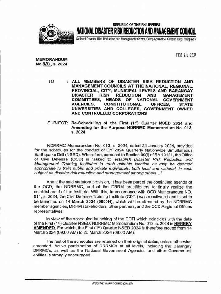 NDRRMC - Memorandum - No - 20 - S - 2024 NSED | PDF