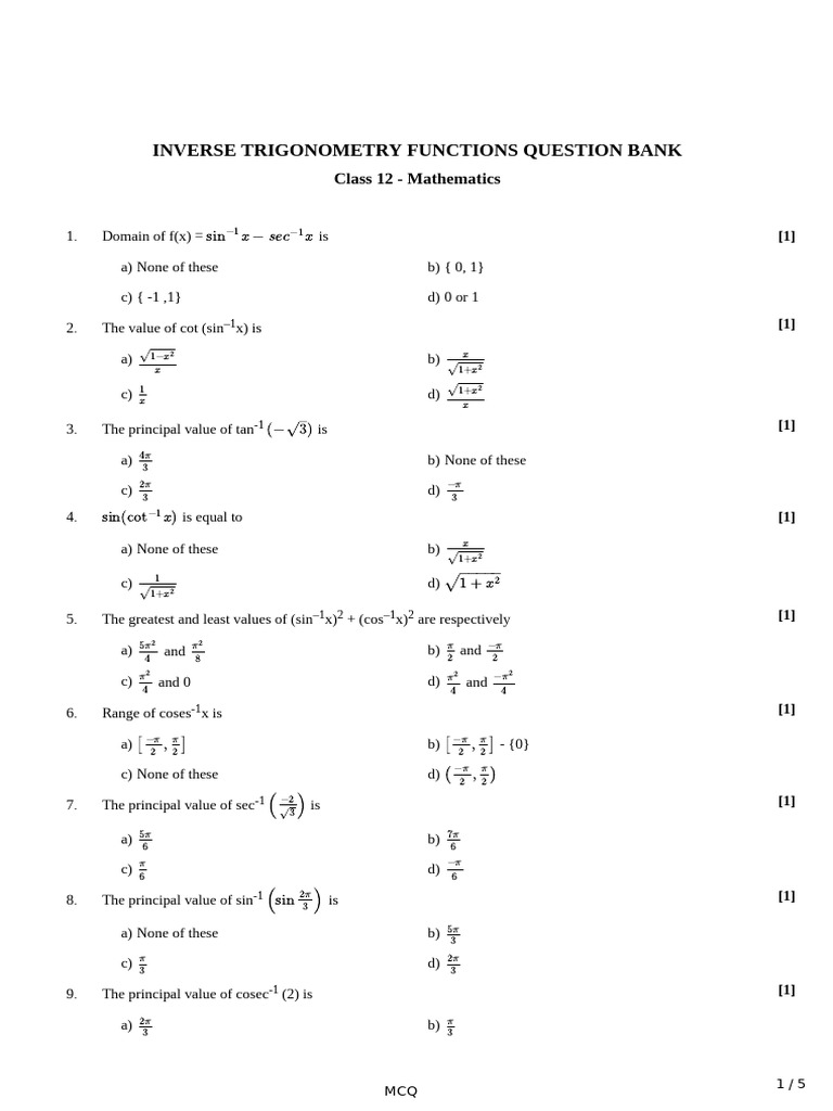 Class 12 Inverse Trig Functions Quiz | PDF | Function (Mathematics ...