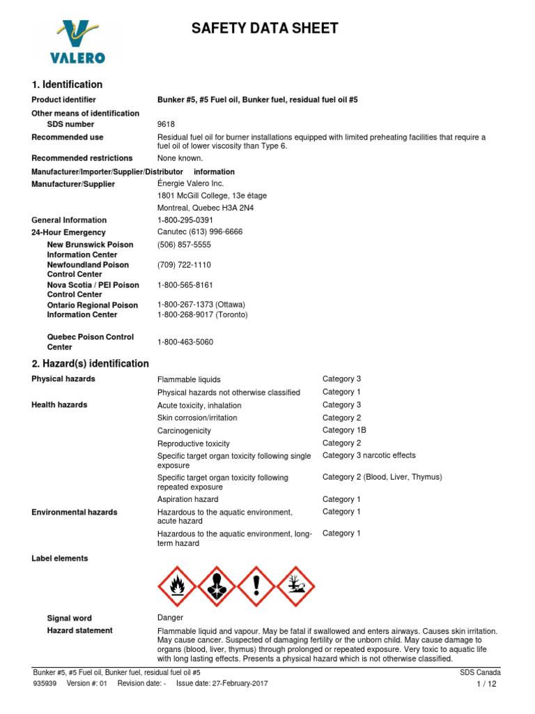 Bunker Fuel #5 Safety Data Sheet | PDF | Firefighting | Toxicity
