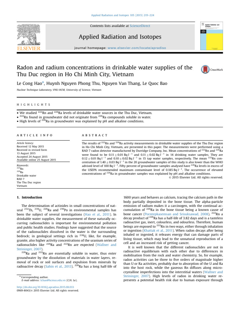 Radon and Radium Concentrations in Drinkable Water Supplies of The Thu ...