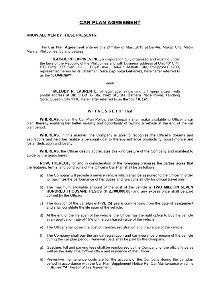 Car Plan Agreement - Copy | Download Free PDF | Insurance | Car
